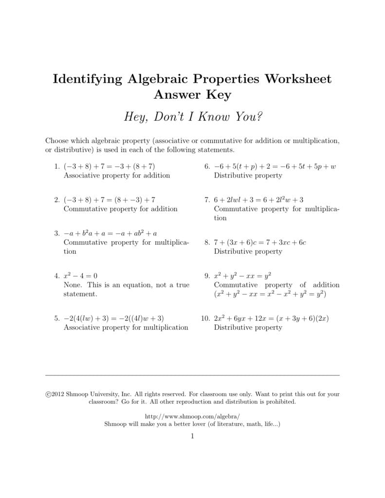 Identifying Algebraic Properties Worksheet Answer Key Db excel Identifying Algebraic Properties Worksheet Answer Key Db excel