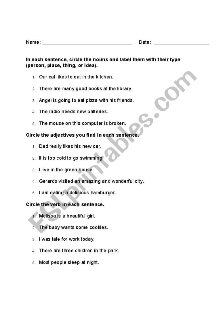 Identify Nouns And Adjectives Worksheets — db-excel.com