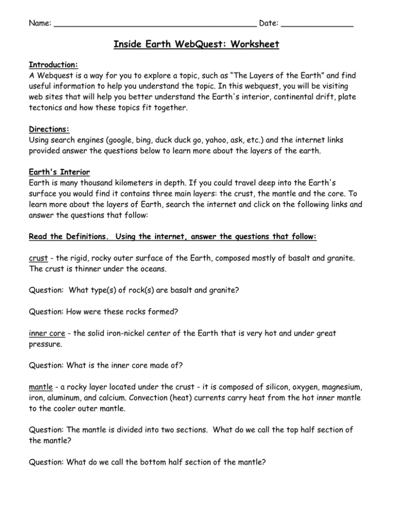 Inside Earth Webquest Worksheet — db-excel.com