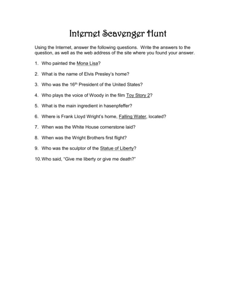 Internet Scavenger Hunt Worksheet Db excel Internet Scavenger Hunt Worksheet Db excel