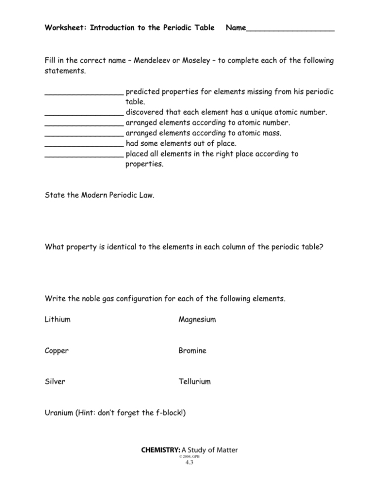 Introduction To Periodic Table Lab Activity Worksheet Answer Key — db ...
