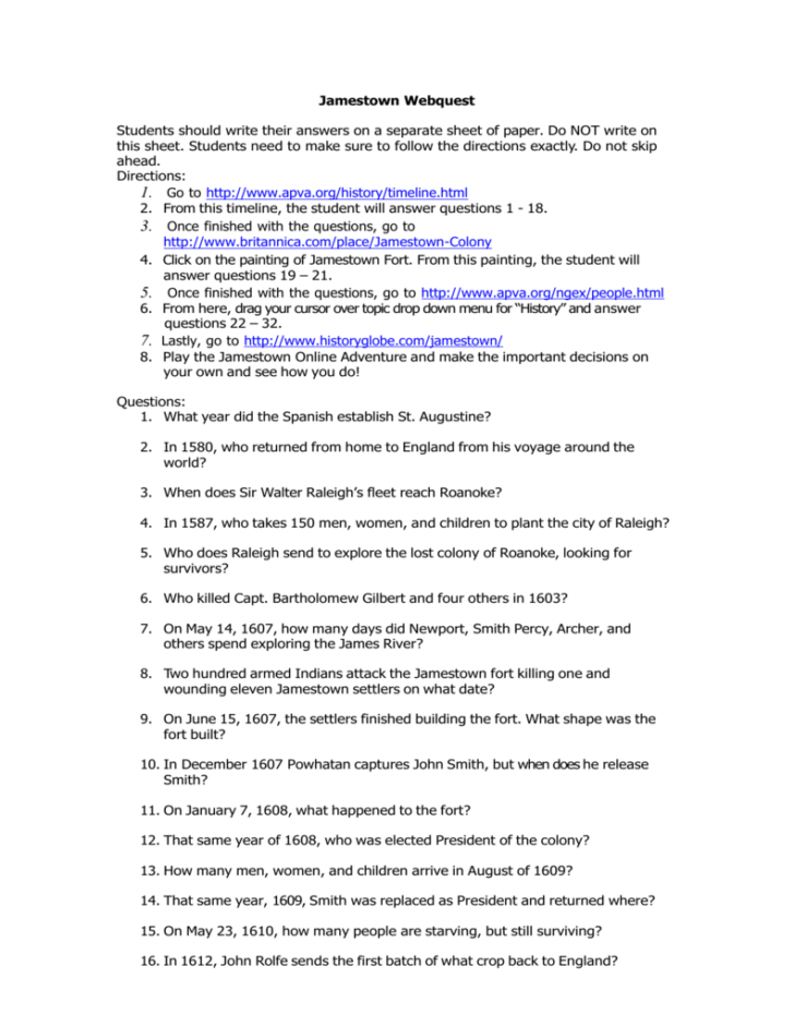 Early Jamestown Colony Worksheet Answer Key — db-excel.com