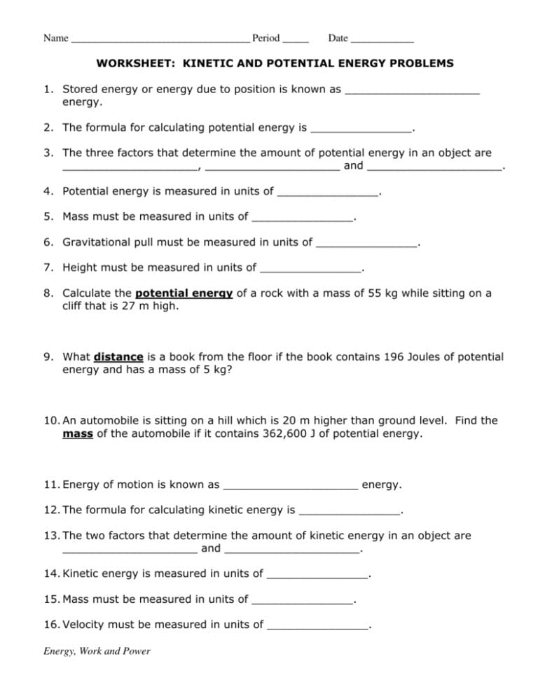 Kinetic And Potential Energy Worksheet Answer Key — db-excel.com