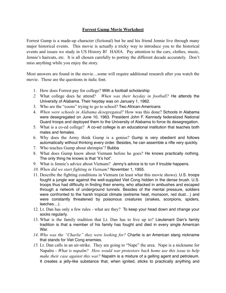 Forrest Gump Movie Worksheet Answers — db-excel.com