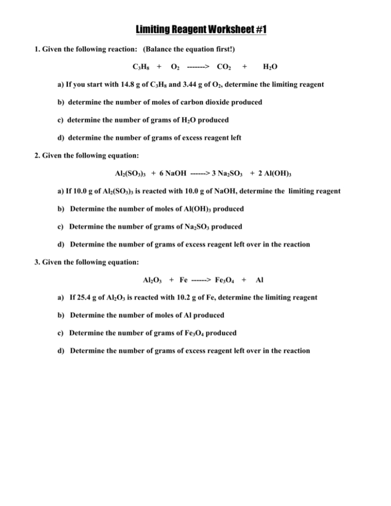 Limiting Reactant Worksheet Answers — Db 2999