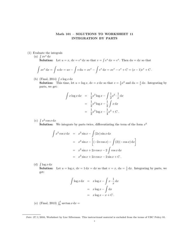 Integration By Parts Worksheet — db-excel.com