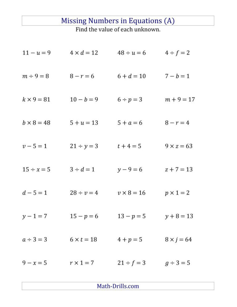 Finding The Missing Number In An Equation Worksheets — db-excel.com