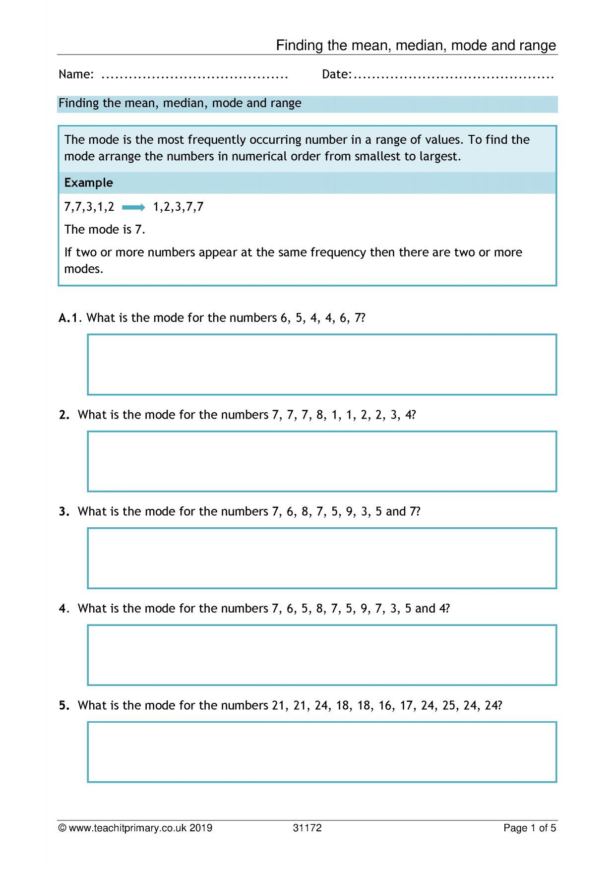 Median Mode Range Mean Worksheets