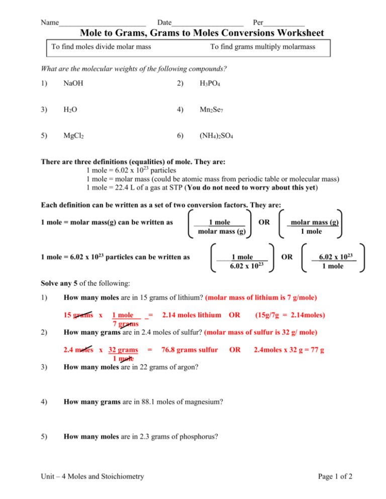 Mole To Grams Grams To Moles Conversions Worksheet Answer Key Db Mole To Grams Grams To Moles Conversions Worksheet Answer Key Db