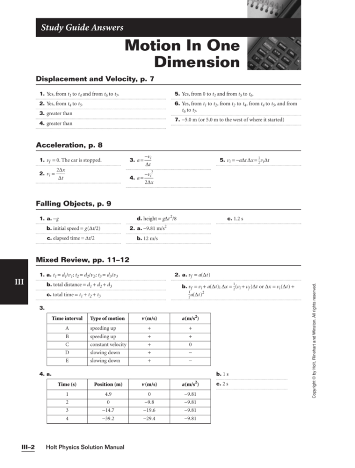 Motion In One Dimension Worksheet Answers — db-excel.com