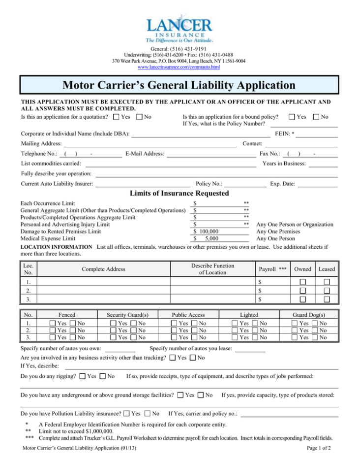 Motor Carrier's General Liability Application Limits Of — db-excel.com