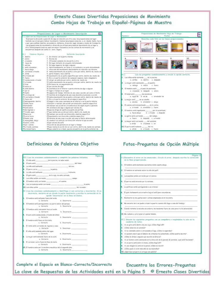 Movement Prepositions Combo Activities Spanish Worksheets — db-excel.com