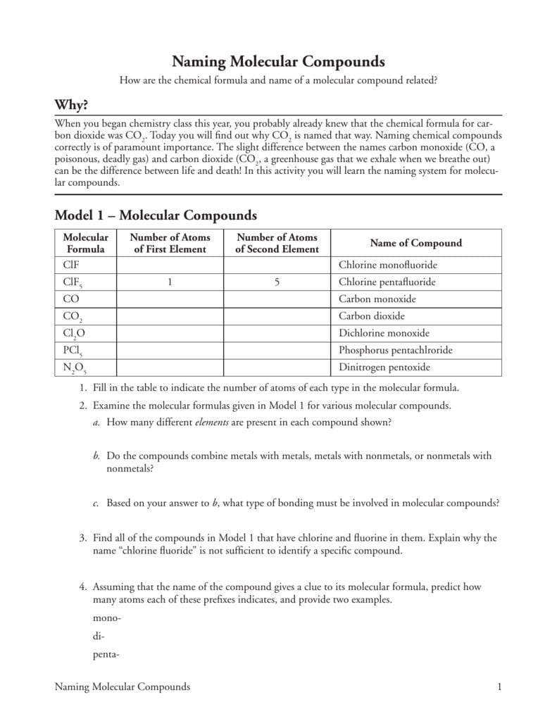 Naming Molecular Compounds Worksheet Answers Db excel Naming Molecular Compounds Worksheet Answers Db excel