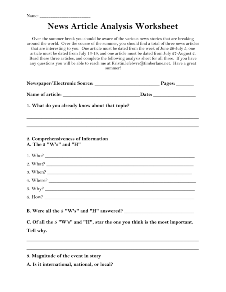 News Article Analysis Worksheet — db-excel.com