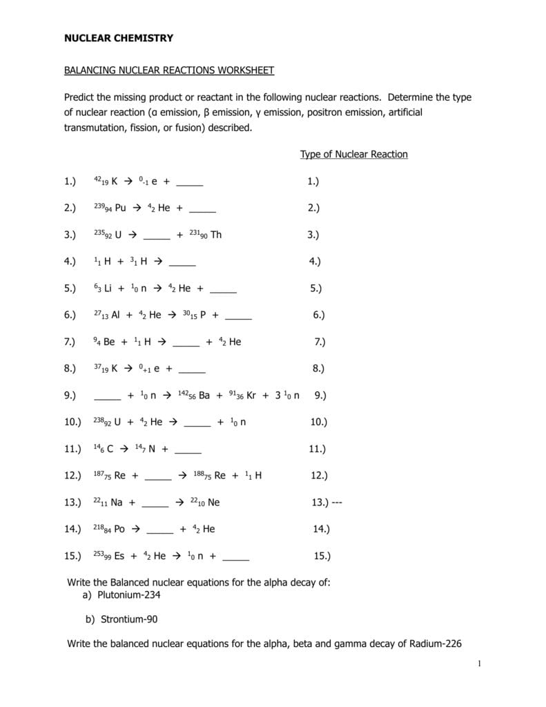 Nuclear Reactions Worksheet Answer Key Db excel