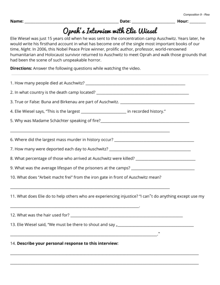 Oprah And Elie Wiesel At Auschwitz Worksheet Answers — db-excel.com