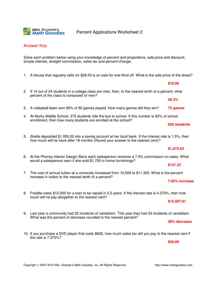 Percent Applications Worksheet 2 Answer Key — db-excel.com