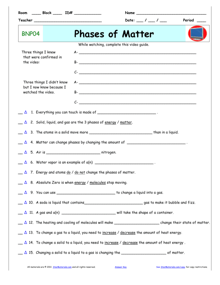 Phases Of Matter Worksheet Answers — db-excel.com
