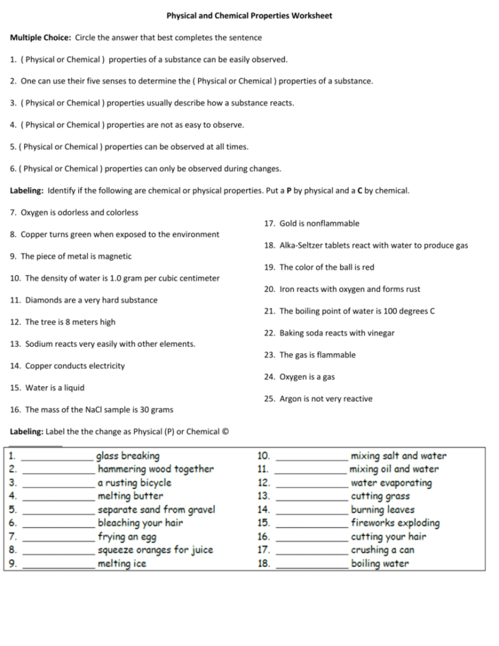 Physical And Chemical Properties Worksheet Physical Science A Answers ...