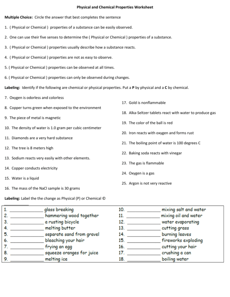 Physical And Chemical Properties Worksheet Physical Science A Answers ...