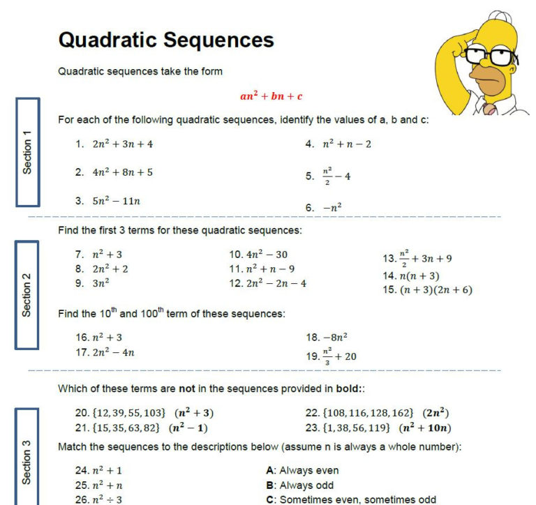 Quadratic Sequences Worksheet Solve My Maths Db excel