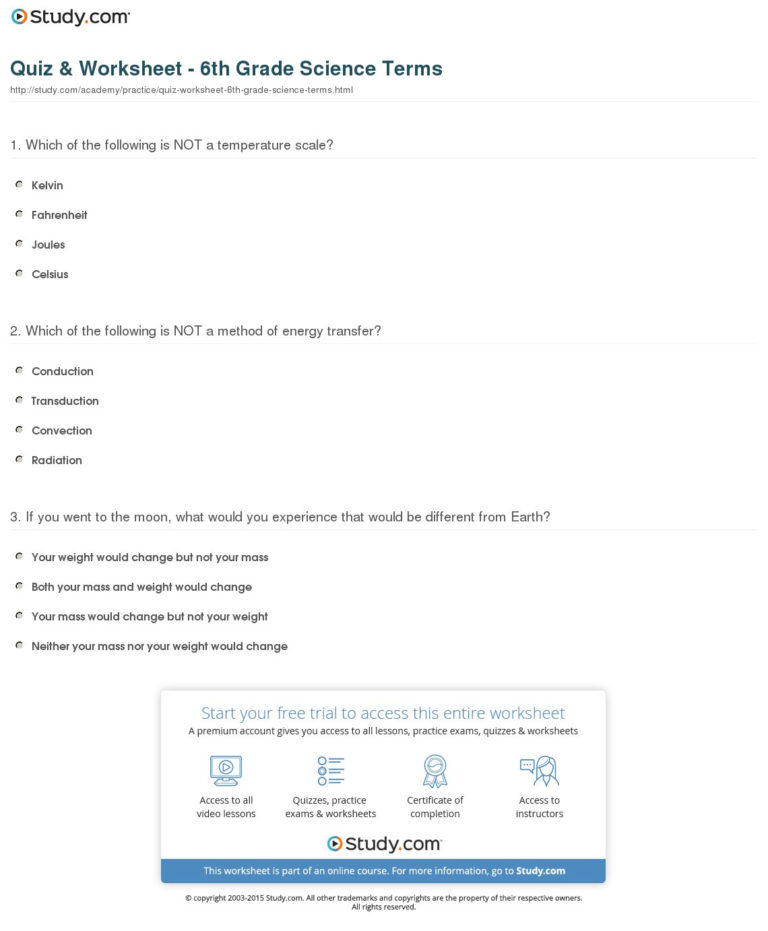 6Th Grade Science Worksheets With Answer Key — db-excel.com