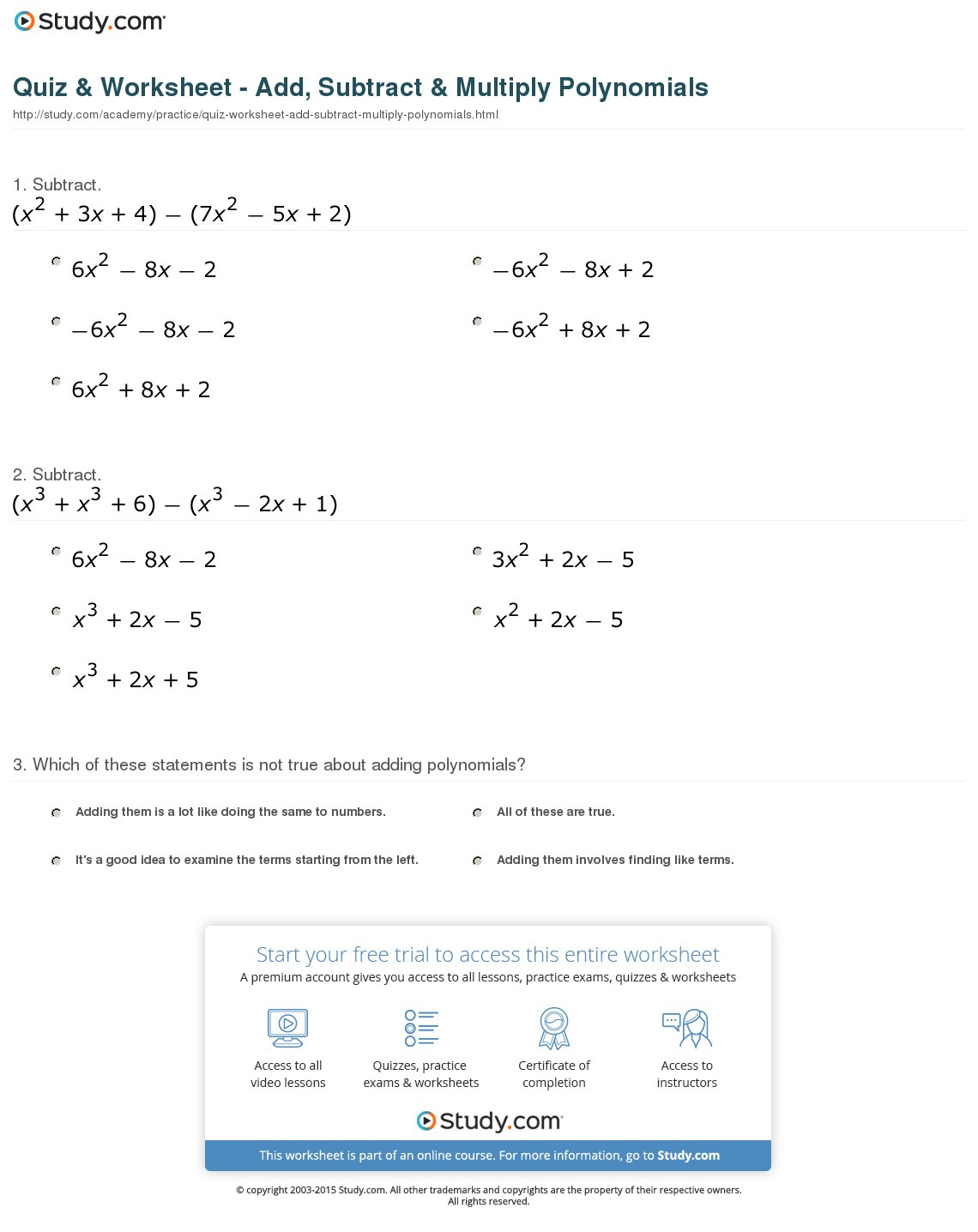 Quiz Worksheet Add Subtract Multiply Polynomials Db excel