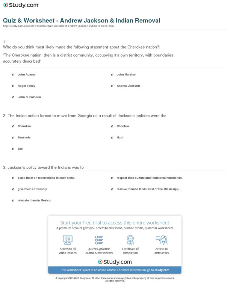 Quiz Worksheet Andrew Jackson Indian Removal Study — db-excel.com