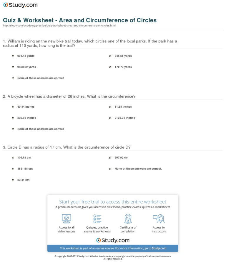 Quiz Worksheet Area And Circumference Of Circles Study — db-excel.com