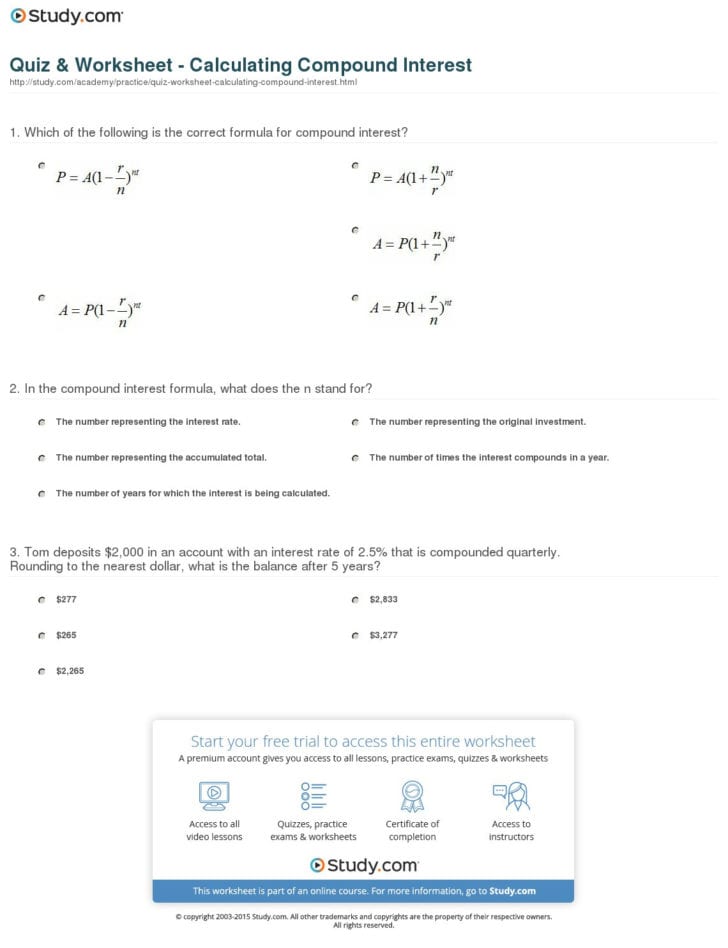 Quiz Worksheet Calculating Compound Interest Study — db-excel.com
