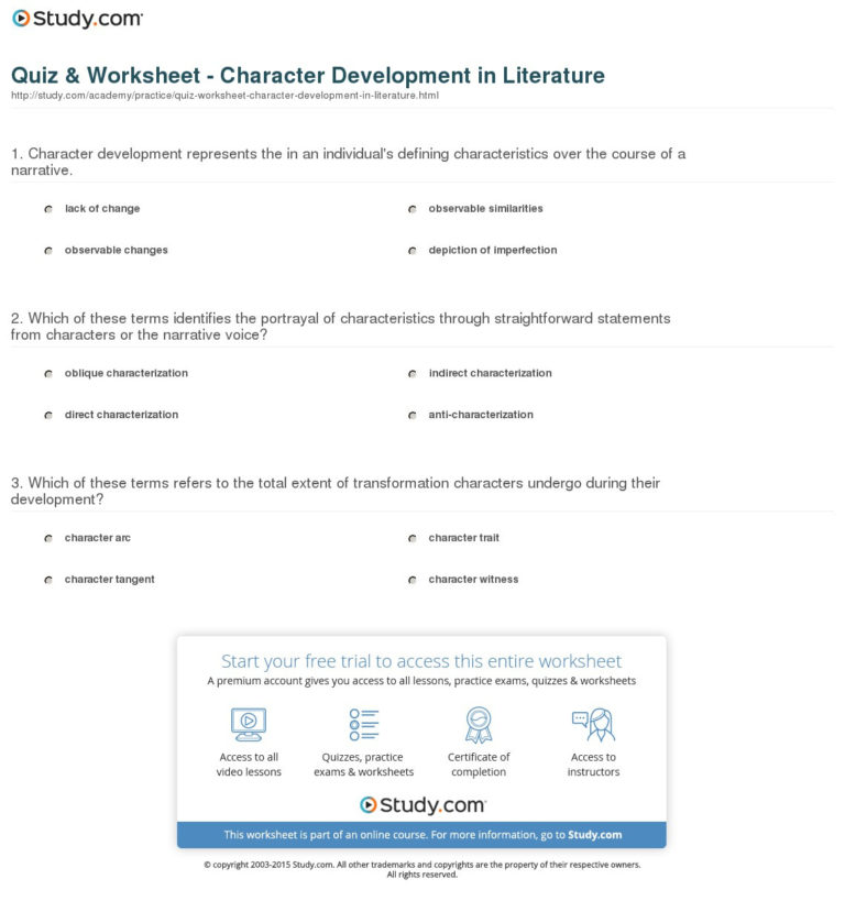 Quiz Worksheet Character Development In Literature — db-excel.com