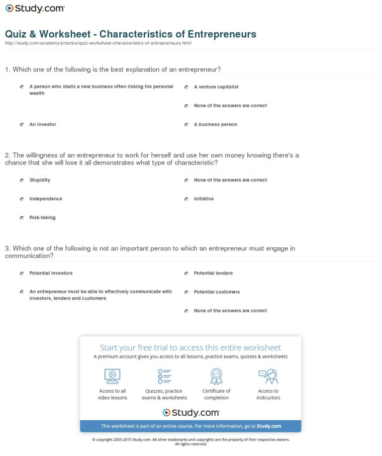 Quiz Worksheet Characteristics Of Entrepreneurs Study — db-excel.com
