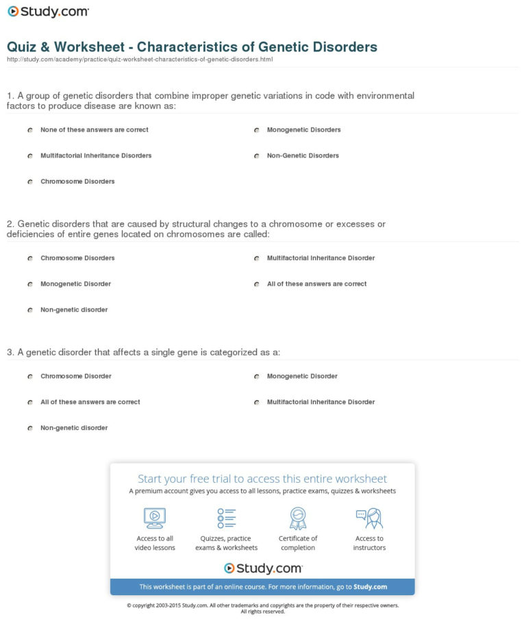 Quiz Worksheet Characteristics Of Genetic Disorders — db-excel.com
