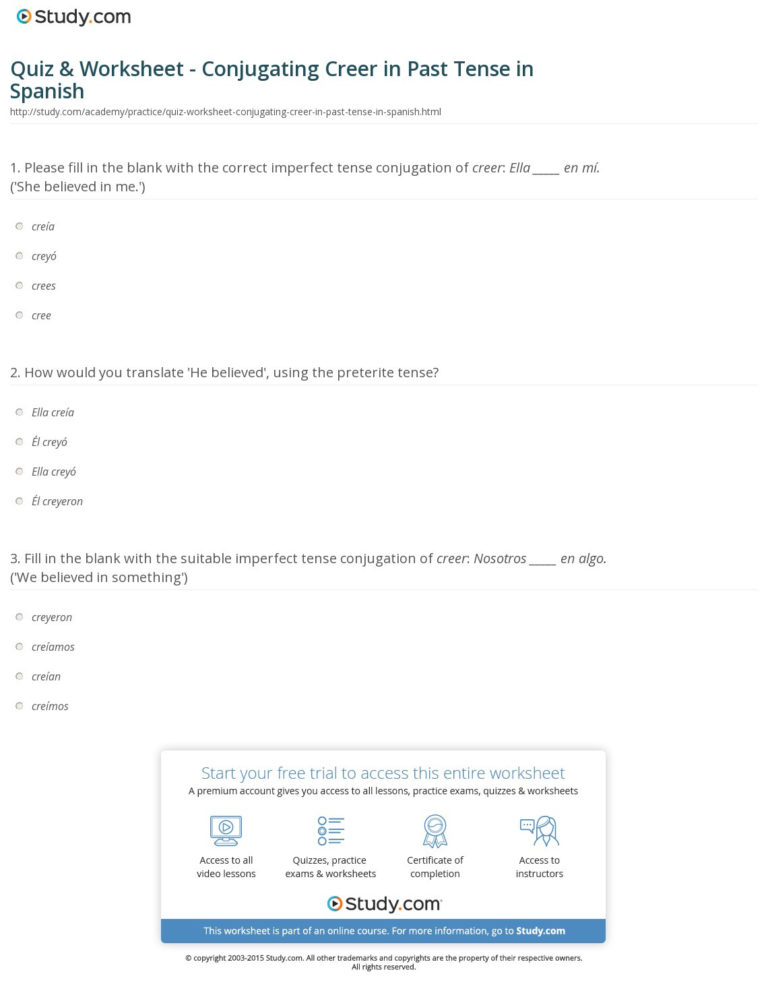 Quiz Worksheet Conjugating Creer In Past Tense In — db-excel.com