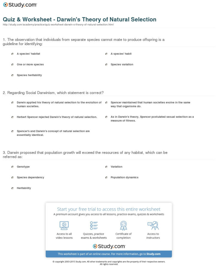 Quiz Worksheet Darwin's Theory Of Natural Selection — db-excel.com