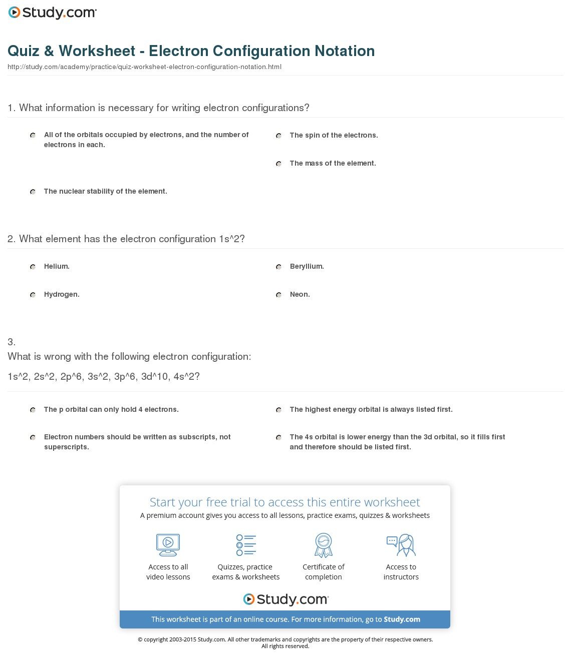 Quiz Worksheet Electron Configuration Notation Study Db excel Quiz Worksheet Electron Configuration Notation Study Db excel