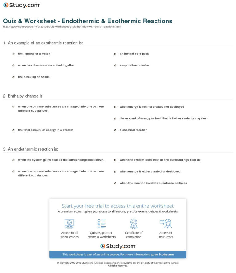Quiz Worksheet Endothermic Exothermic Reactions — db-excel.com