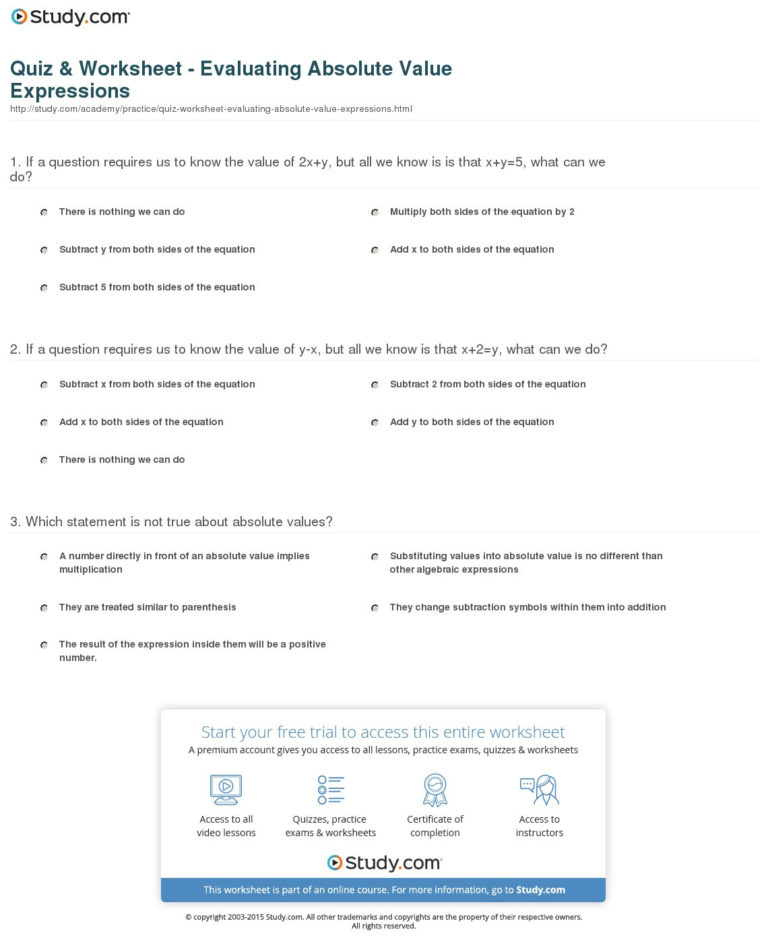 Quiz Worksheet Evaluating Absolute Value Expressions — db-excel.com