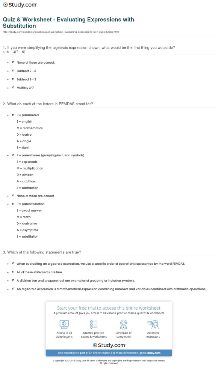Quiz Worksheet Evaluating Expressions With Substitution Study — db-excel.com