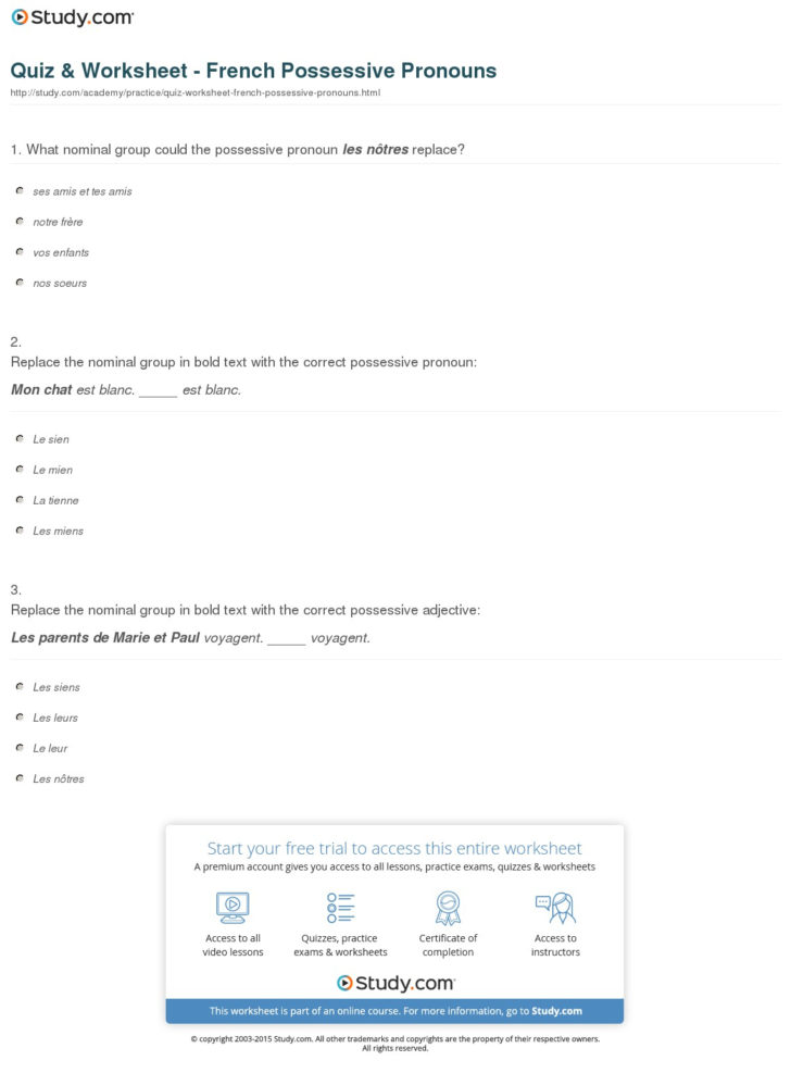 Quiz Worksheet French Possessive Pronouns Study — db-excel.com