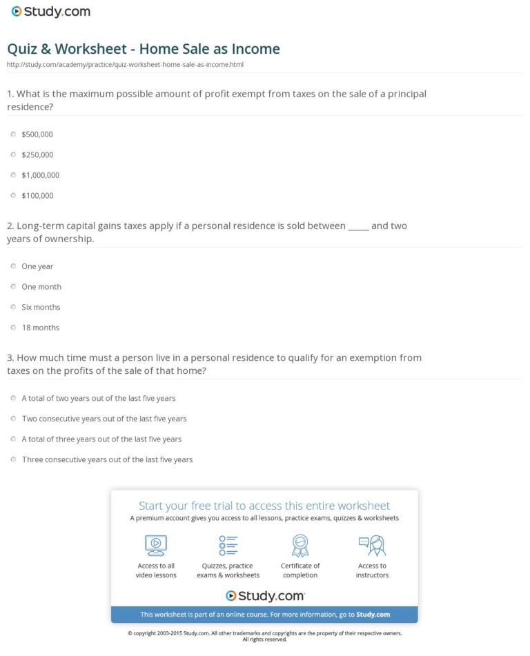 Quiz Worksheet Home Sale As Income Study — db-excel.com