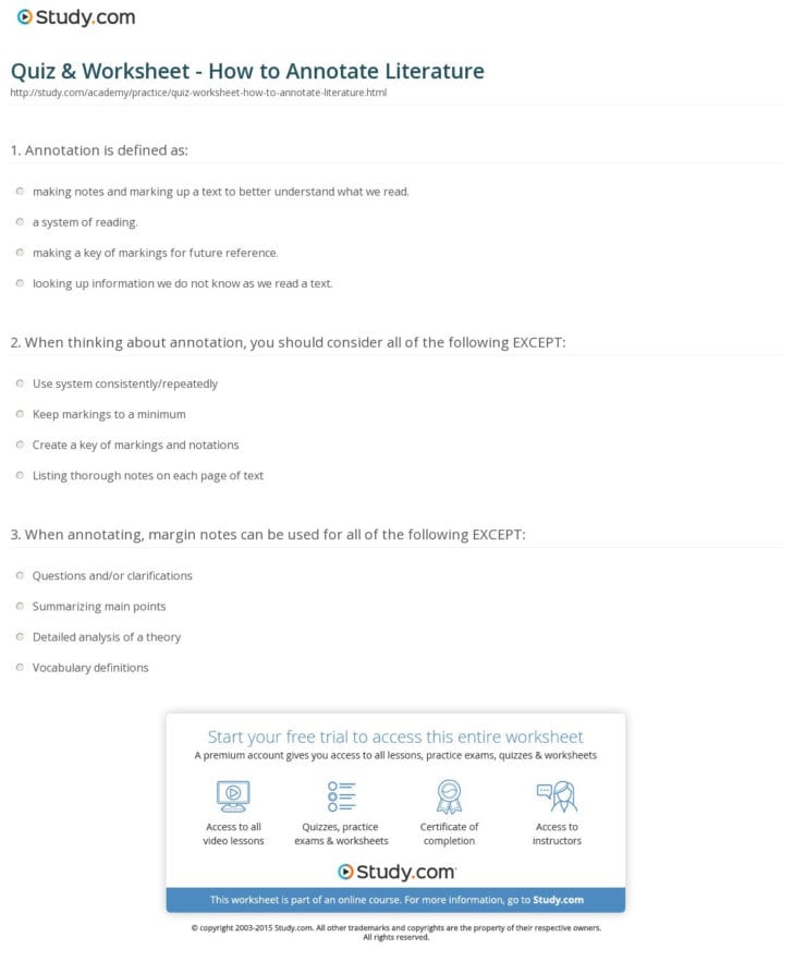 Quiz Worksheet How To Annotate Literature Study — db-excel.com