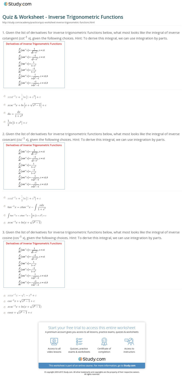 Quiz Worksheet Inverse Trigonometric Functions Study — db-excel.com