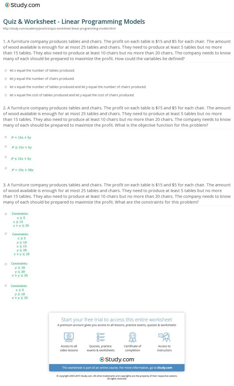 Quiz Worksheet Linear Programming Models Study — db-excel.com