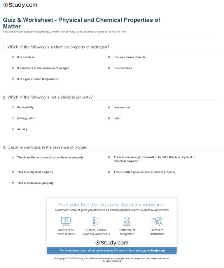 Physical And Chemical Changes And Properties Of Matter Worksheet — db ...