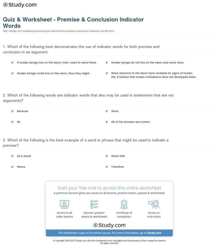 Quiz Worksheet Premise Conclusion Indicator Words — db-excel.com