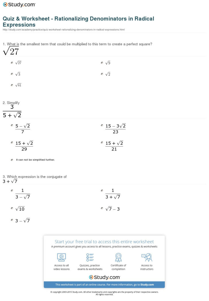 Quiz Worksheet Rationalizing Denominators In Radical — Db