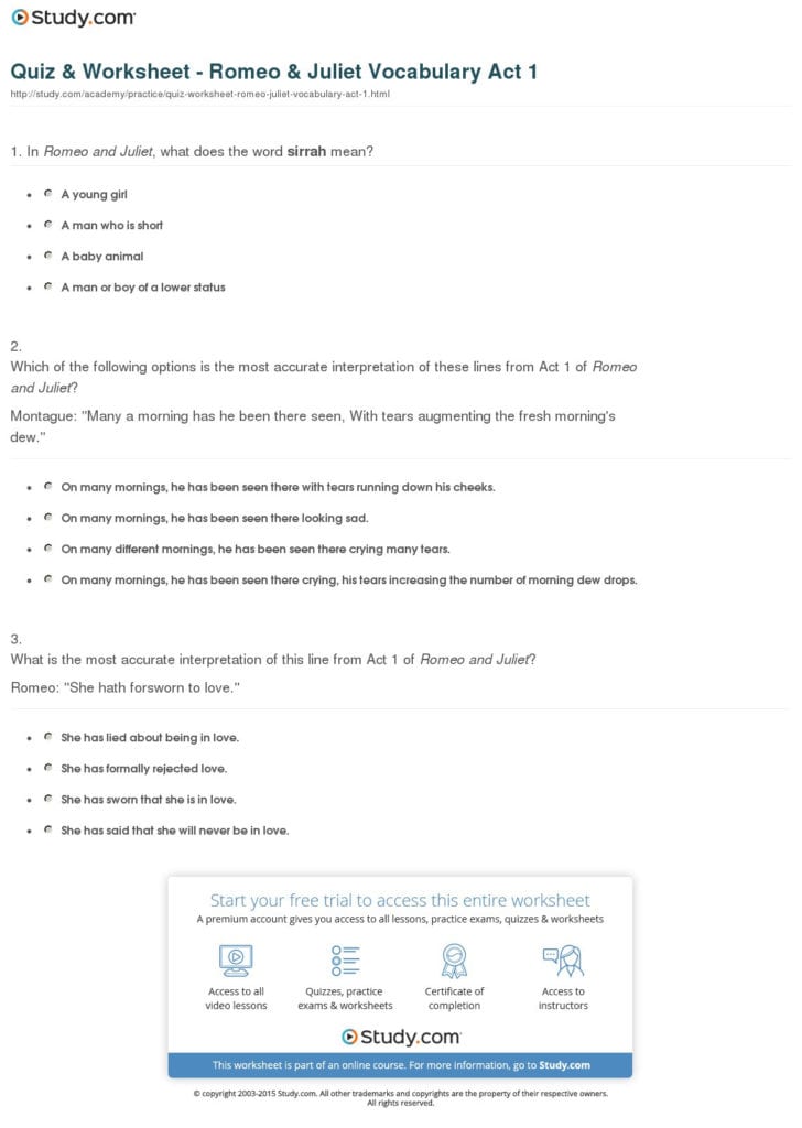 Quiz Worksheet Romeo Juliet Vocabulary Act 1 Study — db-excel.com