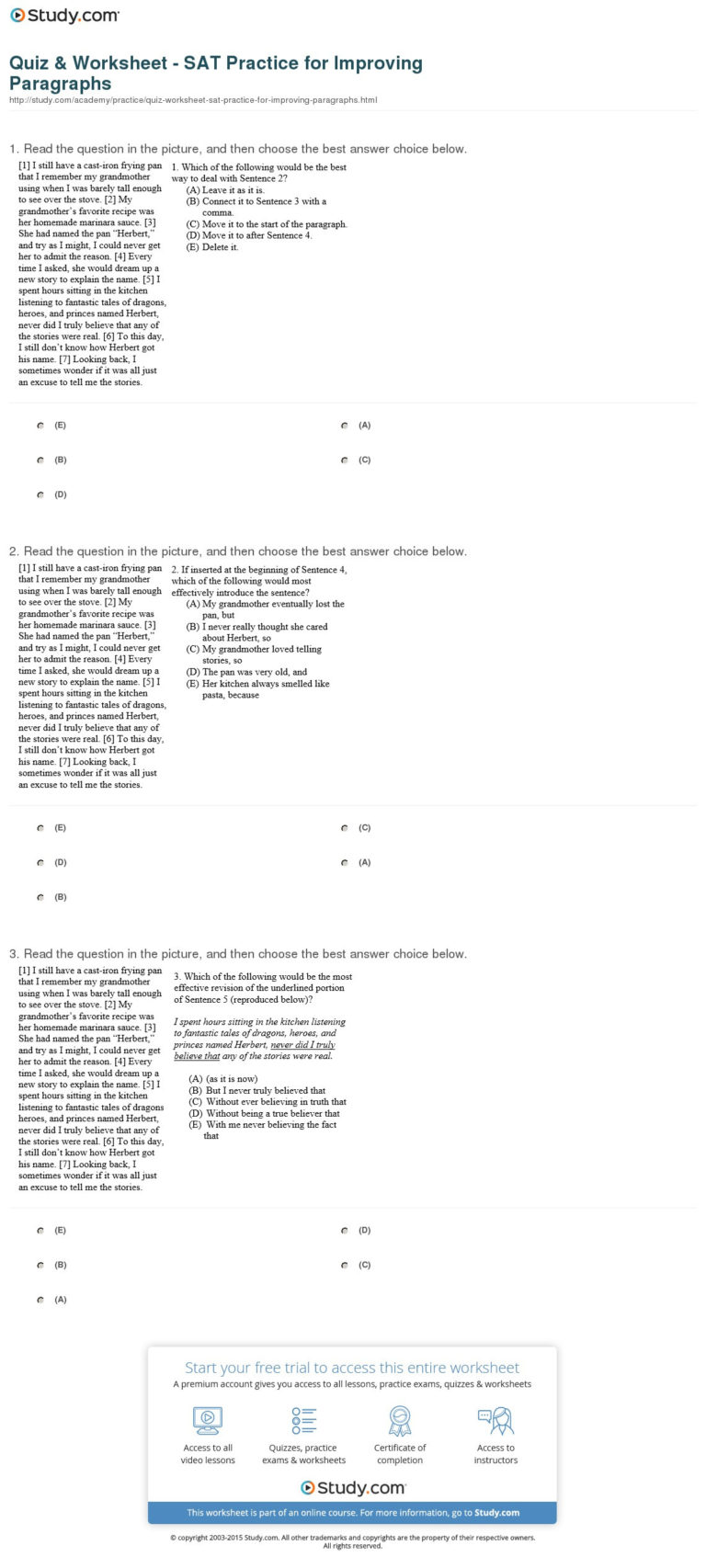 Quiz Worksheet Sat Practice For Improving Paragraphs — db-excel.com