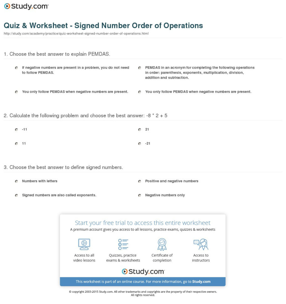 Quiz Worksheet Signed Number Order Of Operations Study — db-excel.com